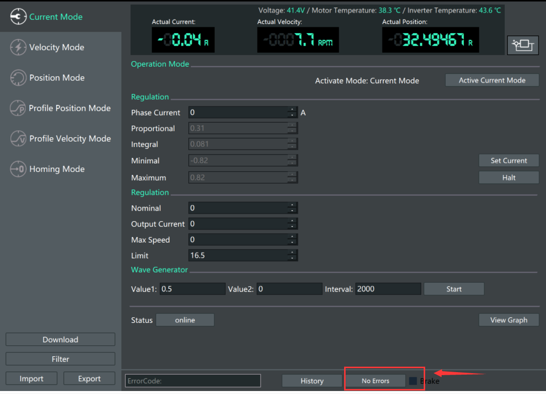 3、设置零位。确定好目标零位，一次点击②clear，③homing，观察④位置接近于0，位置⑤显示﹢124和﹣125，点击download位置⑥。至此零位设置完毕。